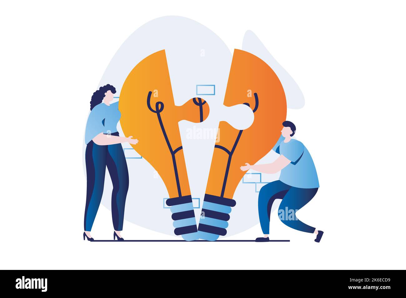 Teamwork concept with people scene in flat cartoon design. Man and woman brainstorming, creating ...