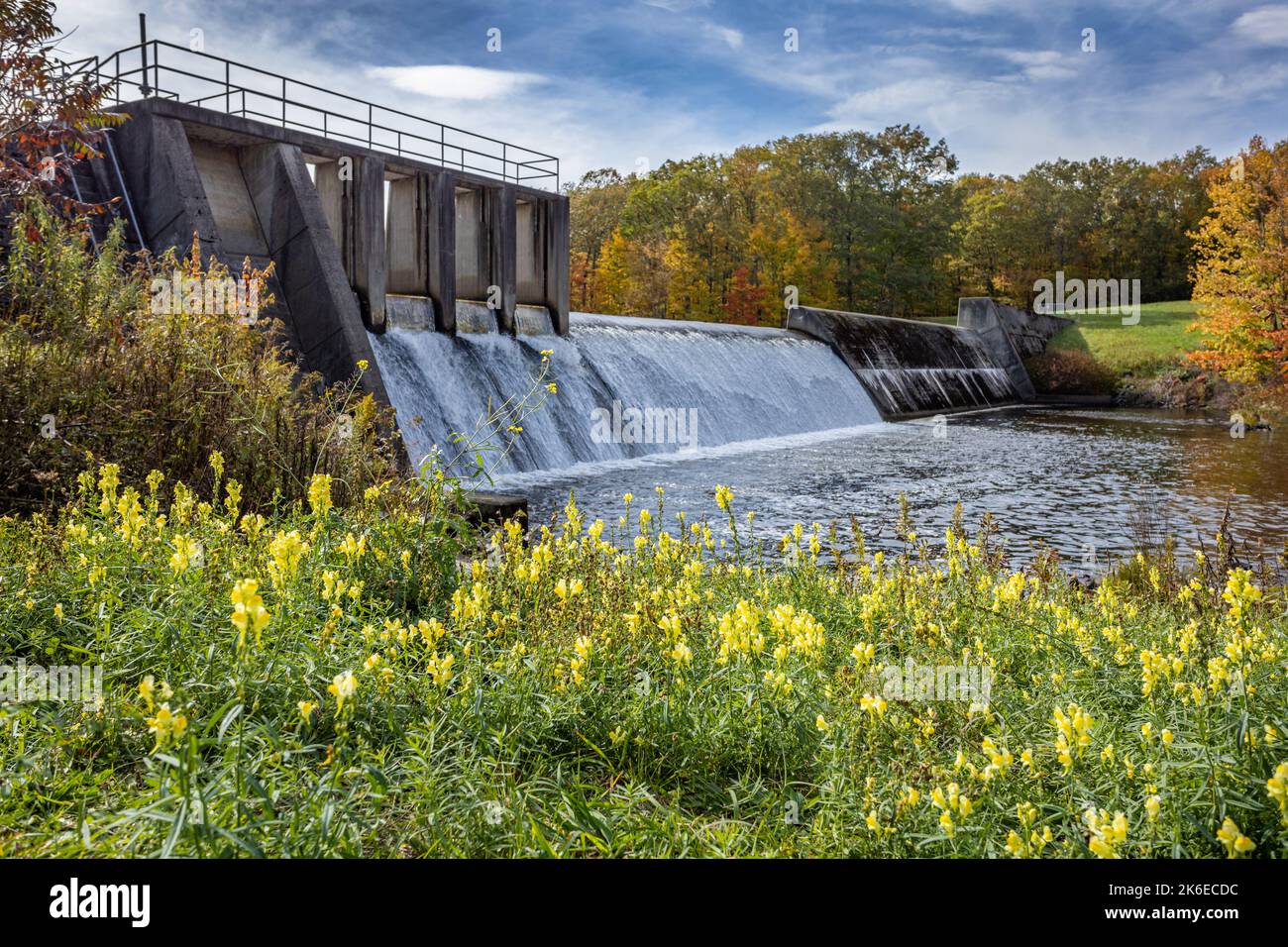 Shohola Falls Dam in the Poconos, PA, is surrounded by beautiful fall ...