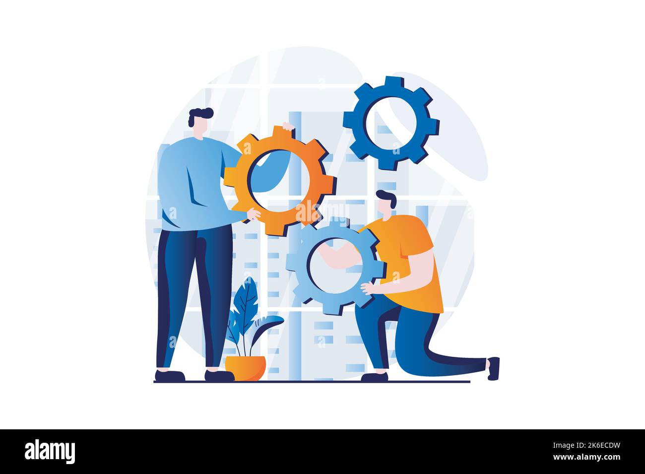 Teamwork concept with people scene in flat cartoon design. Men set up workflows and optimize ...
