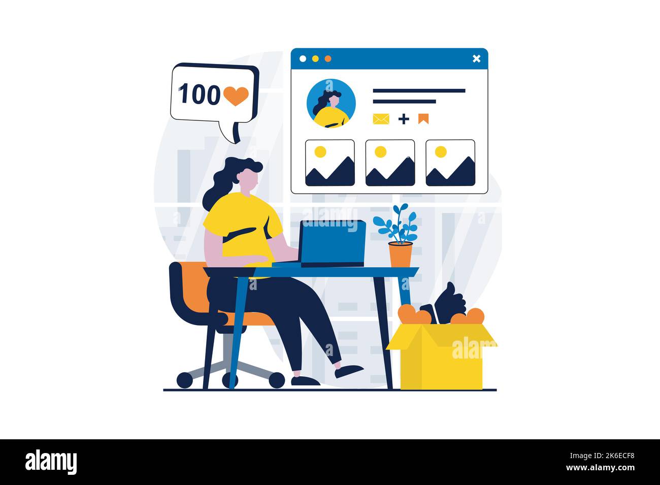 Social network concept with people scene in flat cartoon design. Woman ...