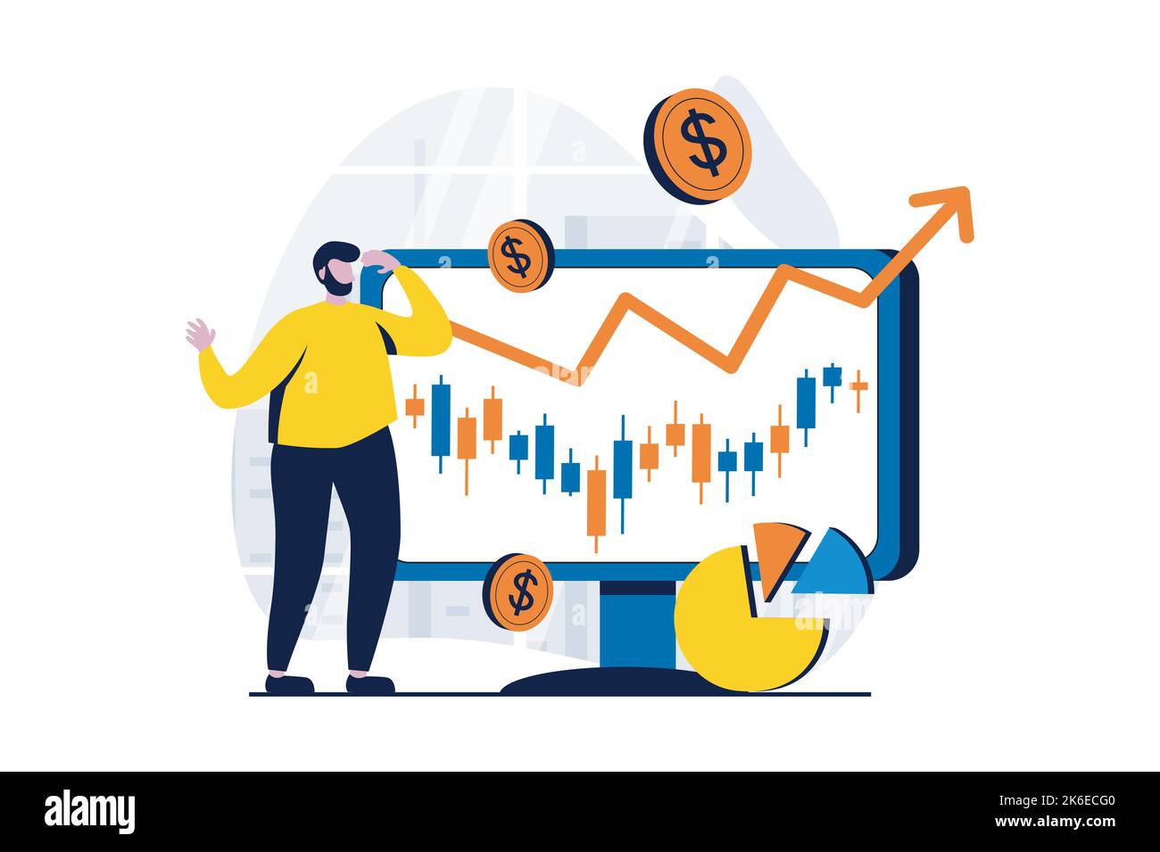 Stock market concept with people scene in flat cartoon design. Man ...