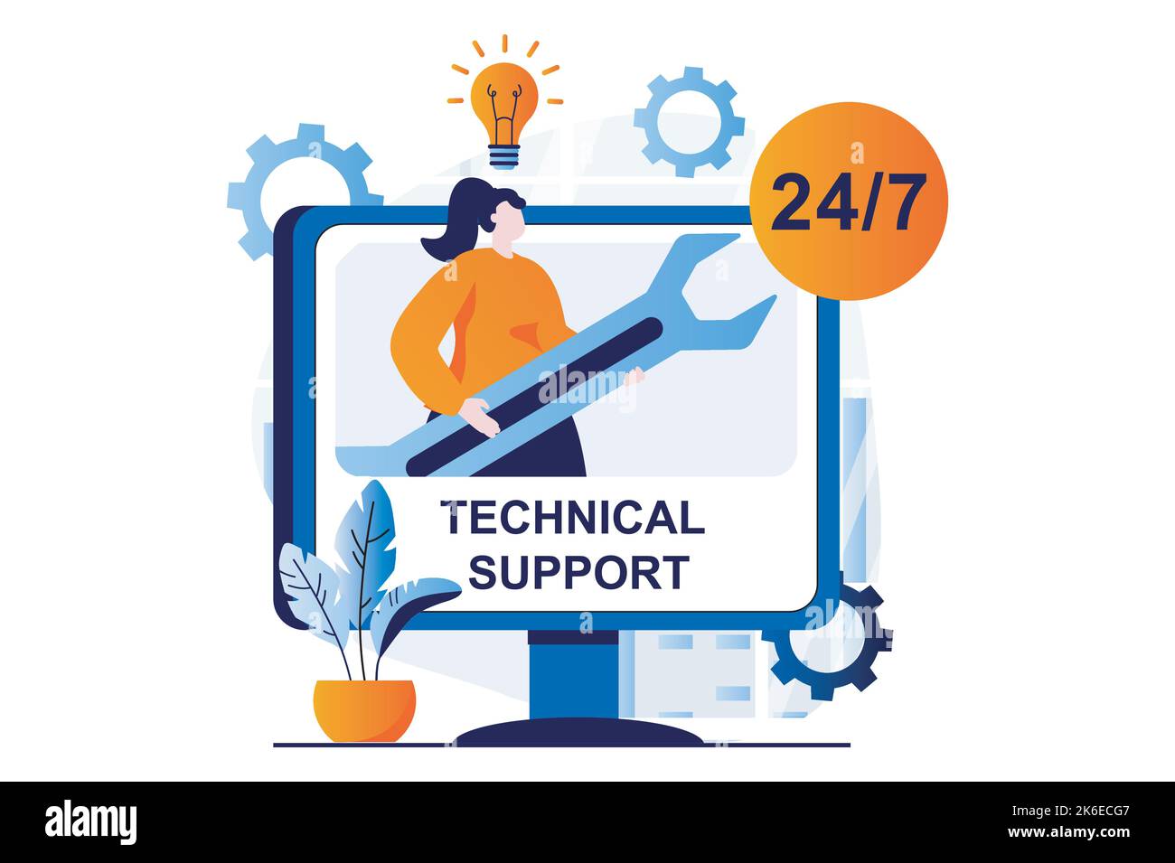 Technical support concept with people scene in flat cartoon design. Woman with wrench solving ...