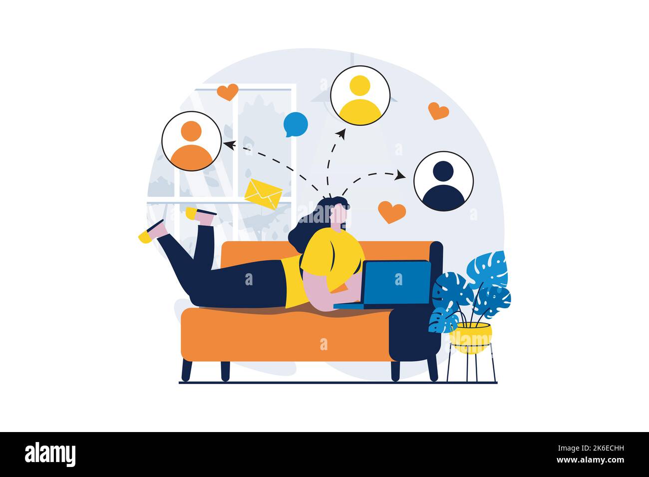 Social network concept with people scene in flat cartoon design. Woman ...