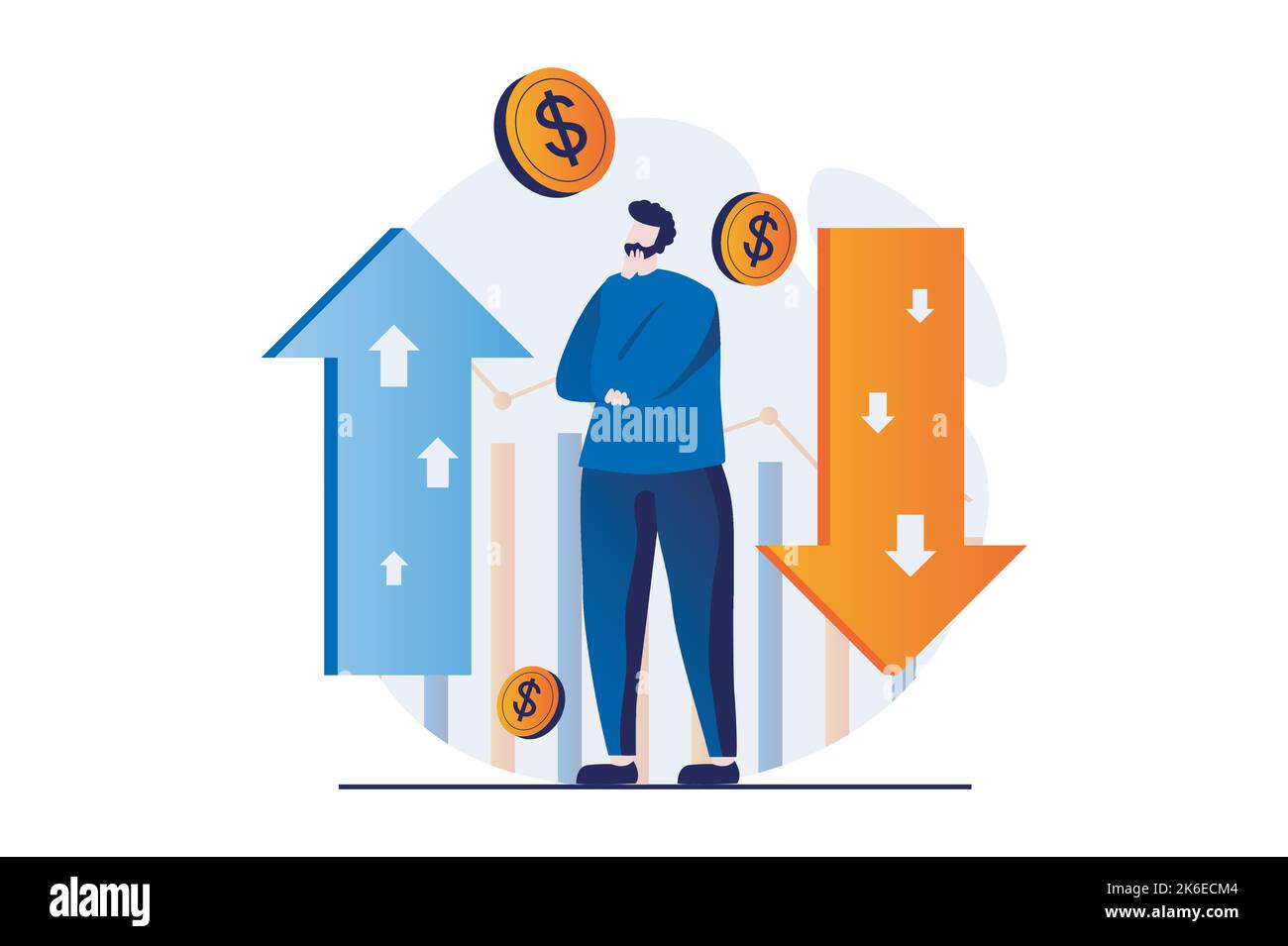 Stock market concept with people scene in flat cartoon design. Man ...