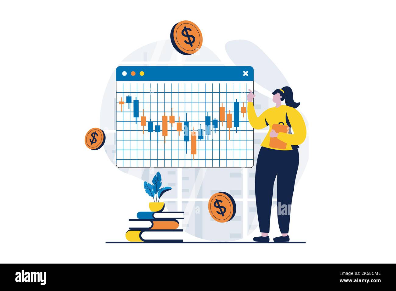 Stock market concept with people scene in flat cartoon design. Woman ...