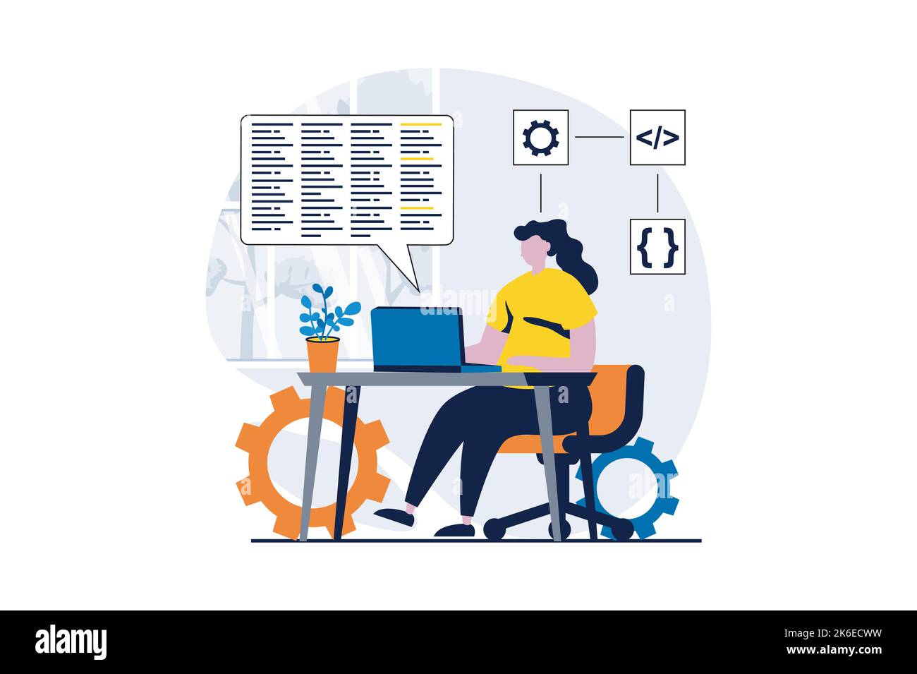 Web development concept with people scene in flat cartoon design. Woman ...