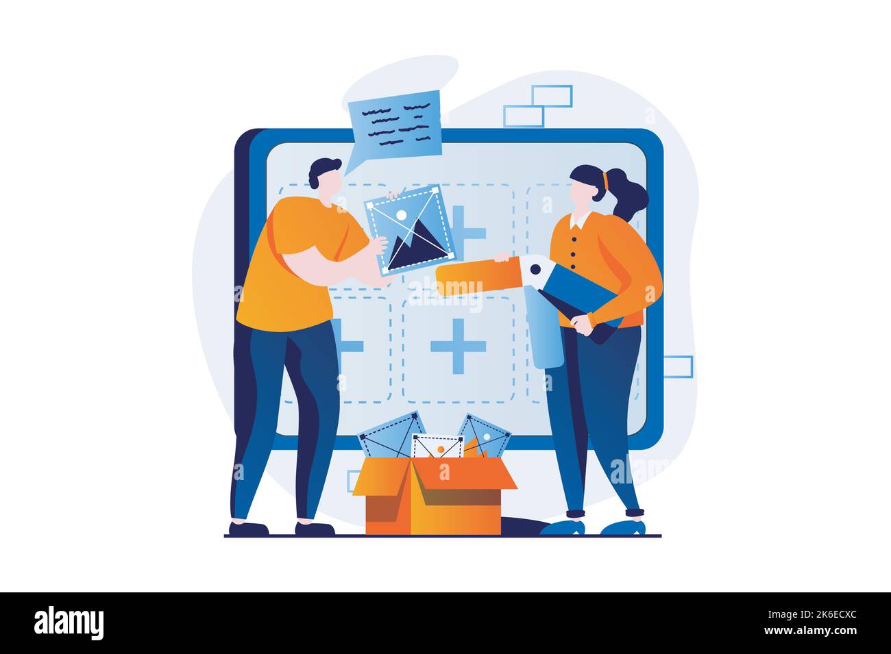 Ui ux design concept with people scene in flat cartoon design. Man and ... Ui ux design concept with people scene in flat cartoon design. Man and ...