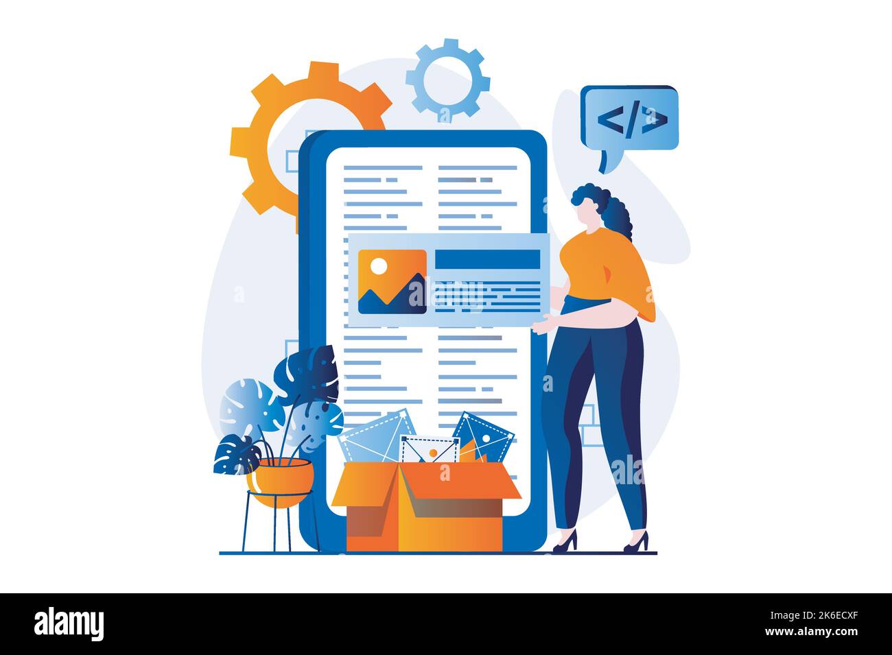 Web development concept with people scene in flat cartoon design. Woman ...