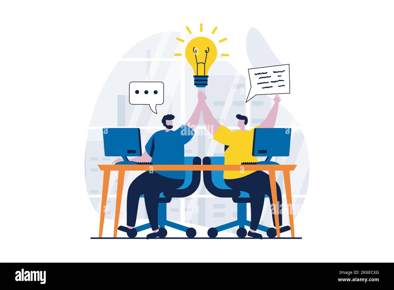Teamwork concept with people scene in flat cartoon design. Men working ...