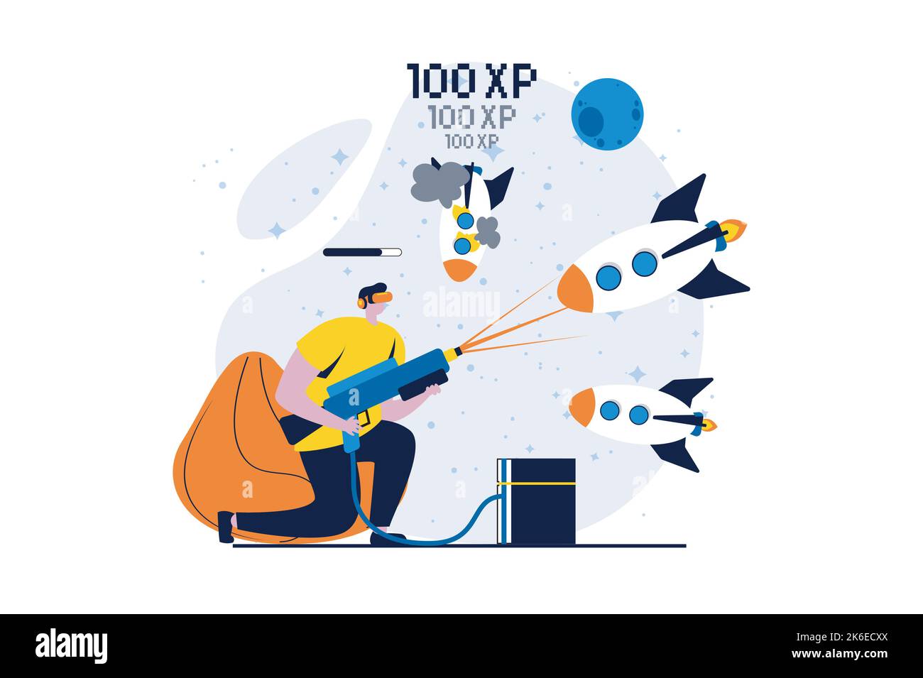 Virtual reality concept with people scene in flat cartoon design. Man ...