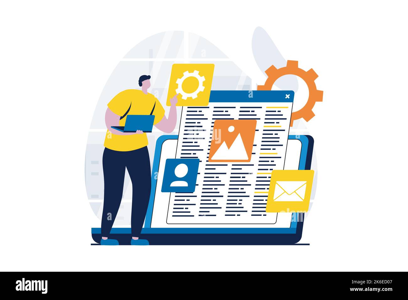 Web development concept with people scene in flat cartoon design. Man ...