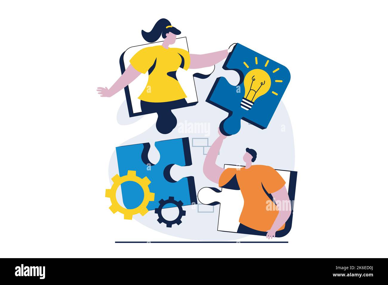 Teamwork concept with people scene in flat cartoon design. Man and woman working together ...