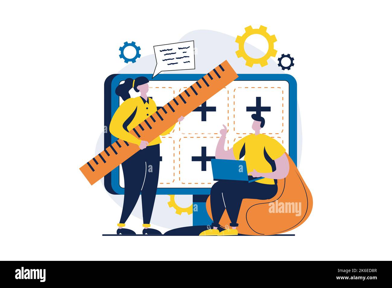 Web development concept with people scene in flat cartoon design. Woman and man designers create ...