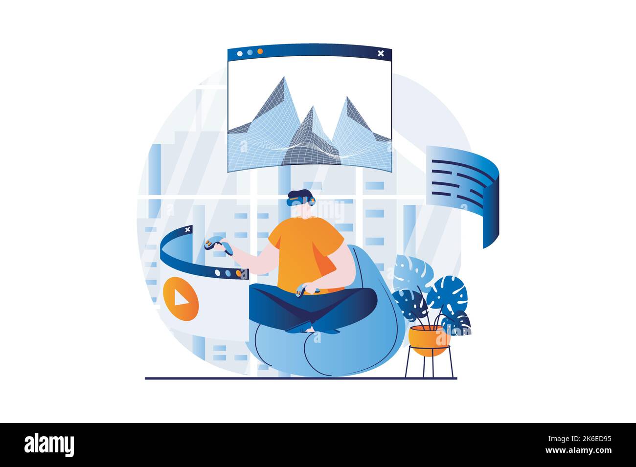 Virtual reality concept with people scene in flat cartoon design. Man ...