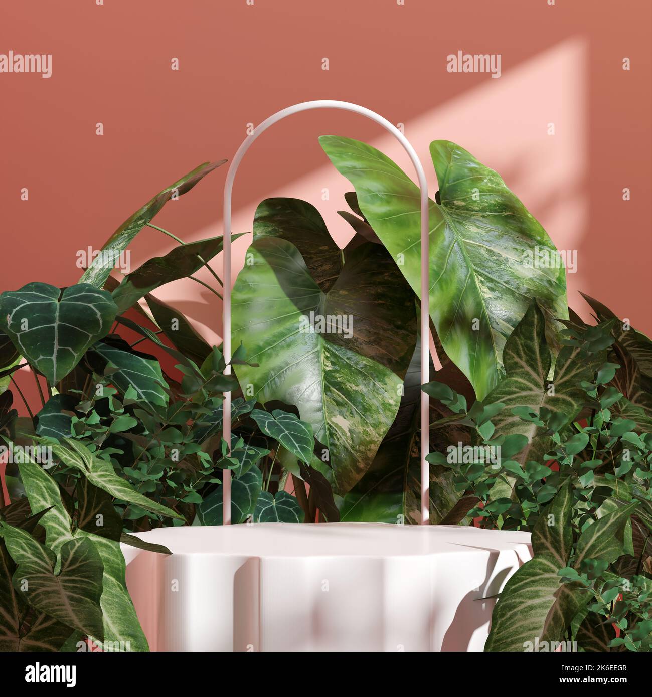 A closeup of a beautiful plant arrangement with marble stones on a pale ...