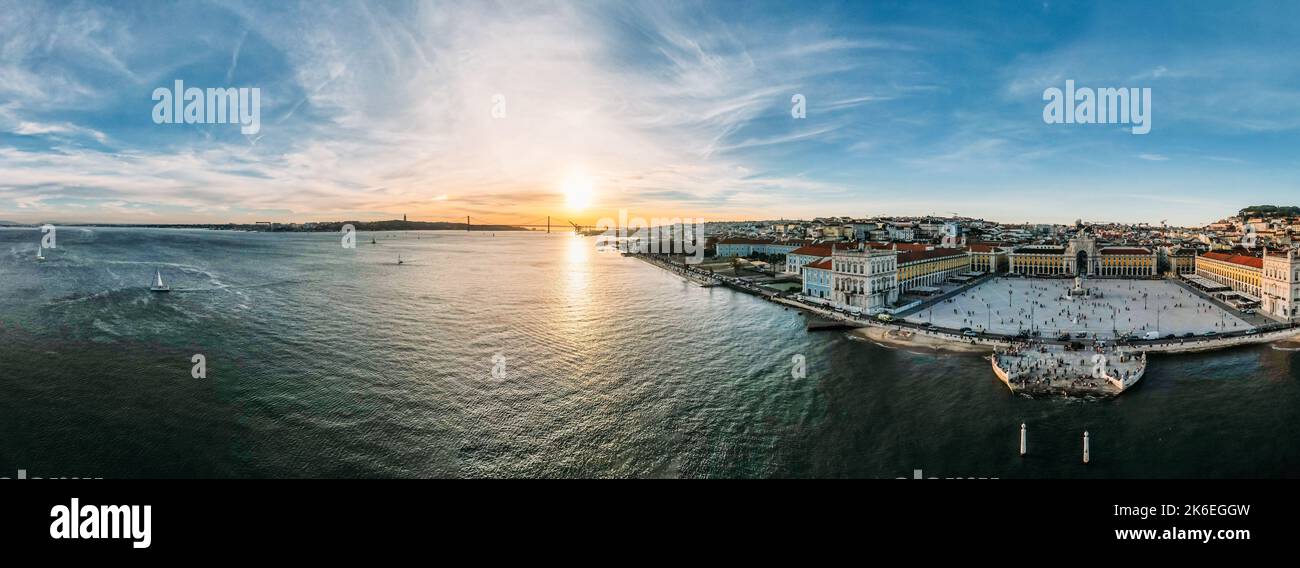 Aerial panoramic view of Praca do Comercio and Baixa district in Lisbon ...