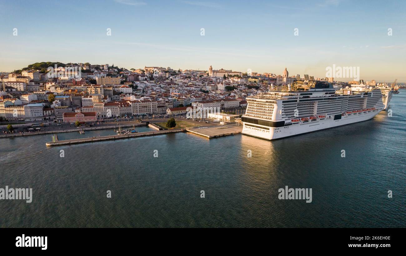 Aerial drone view of a large cruise ships moored at Lisbon port ...