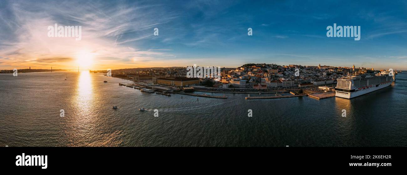 Aerial panoramic view of Praca do Comercio and Baixa district in Lisbon ...