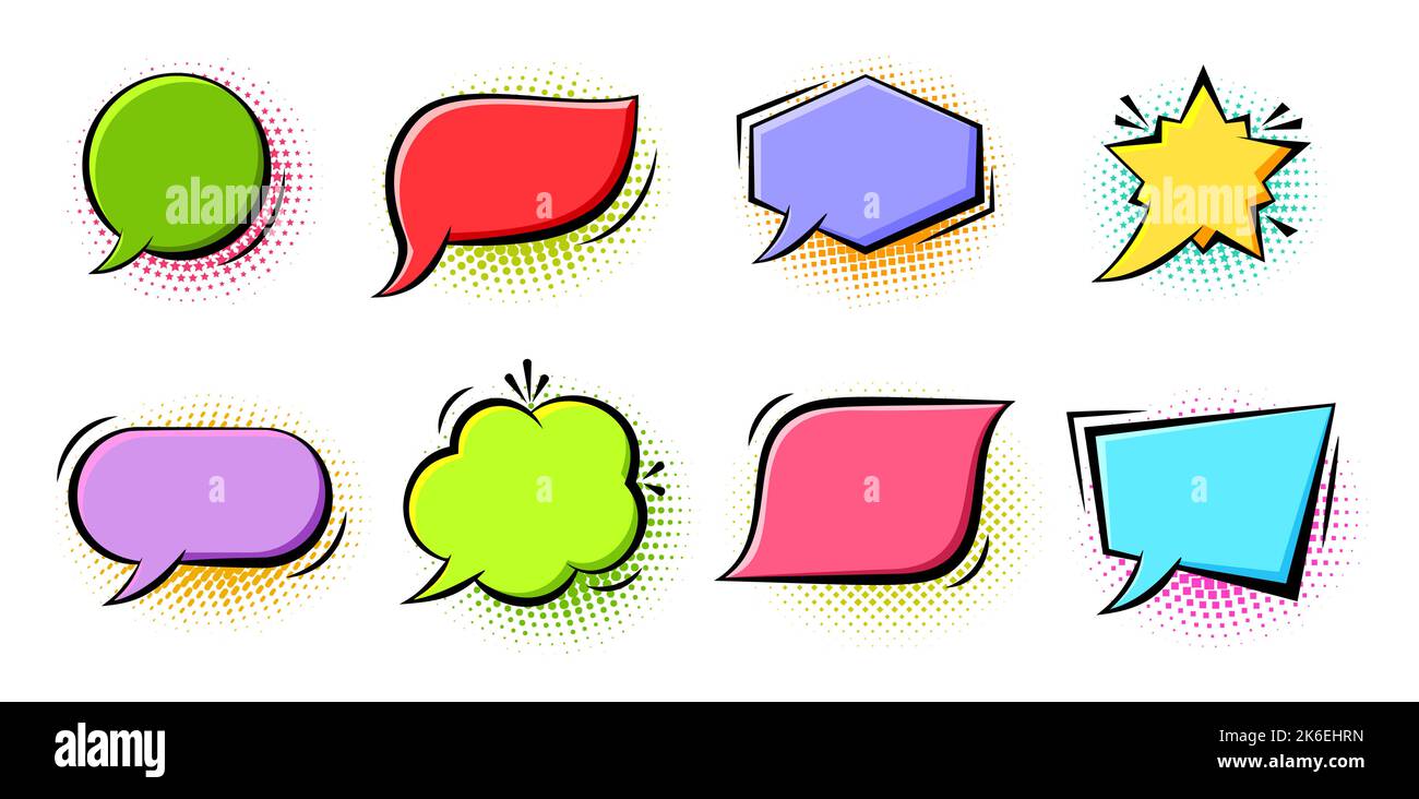 Cartoon pop art bubbles with black halftone shadow. Retro sketch speech ...