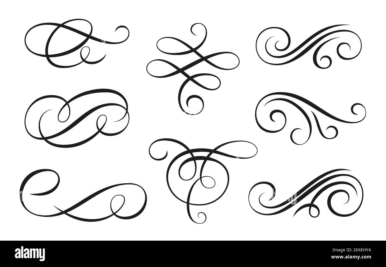 Calligraphic swirl ornament, live line flourish set. Filigree ...