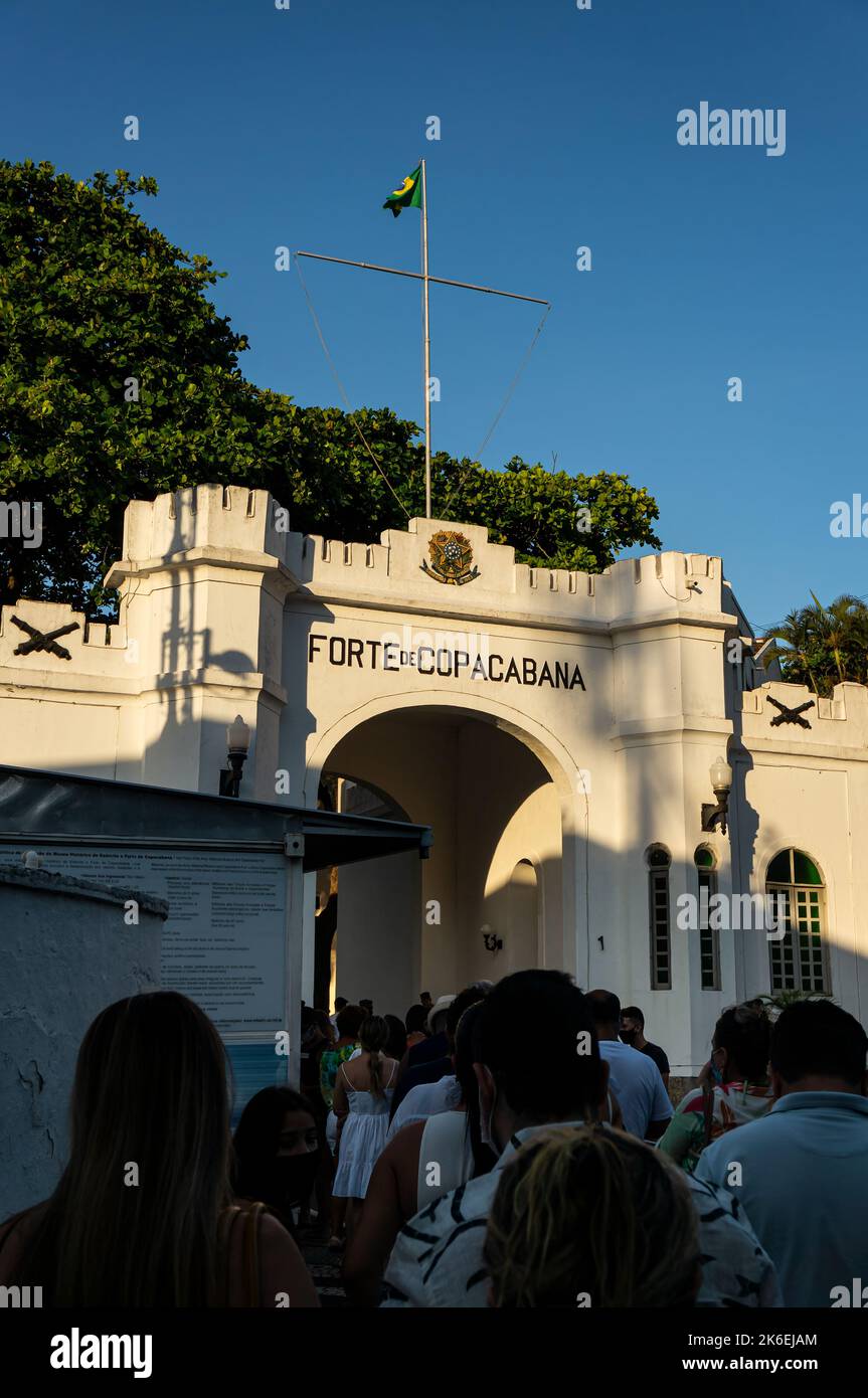 The castle style entrance of Fort Copacabana (Forte de Copacabana) with ...