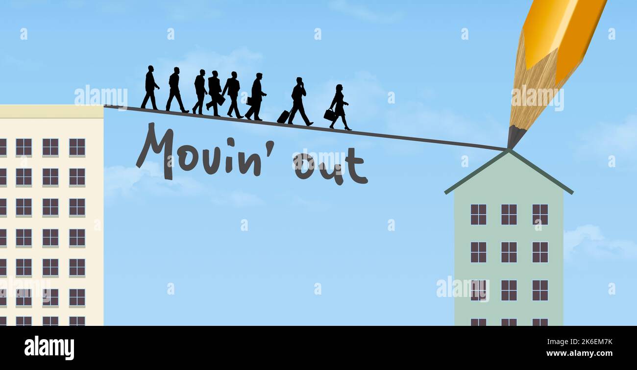 People walk a pencil line from one apartment building to another in an ...