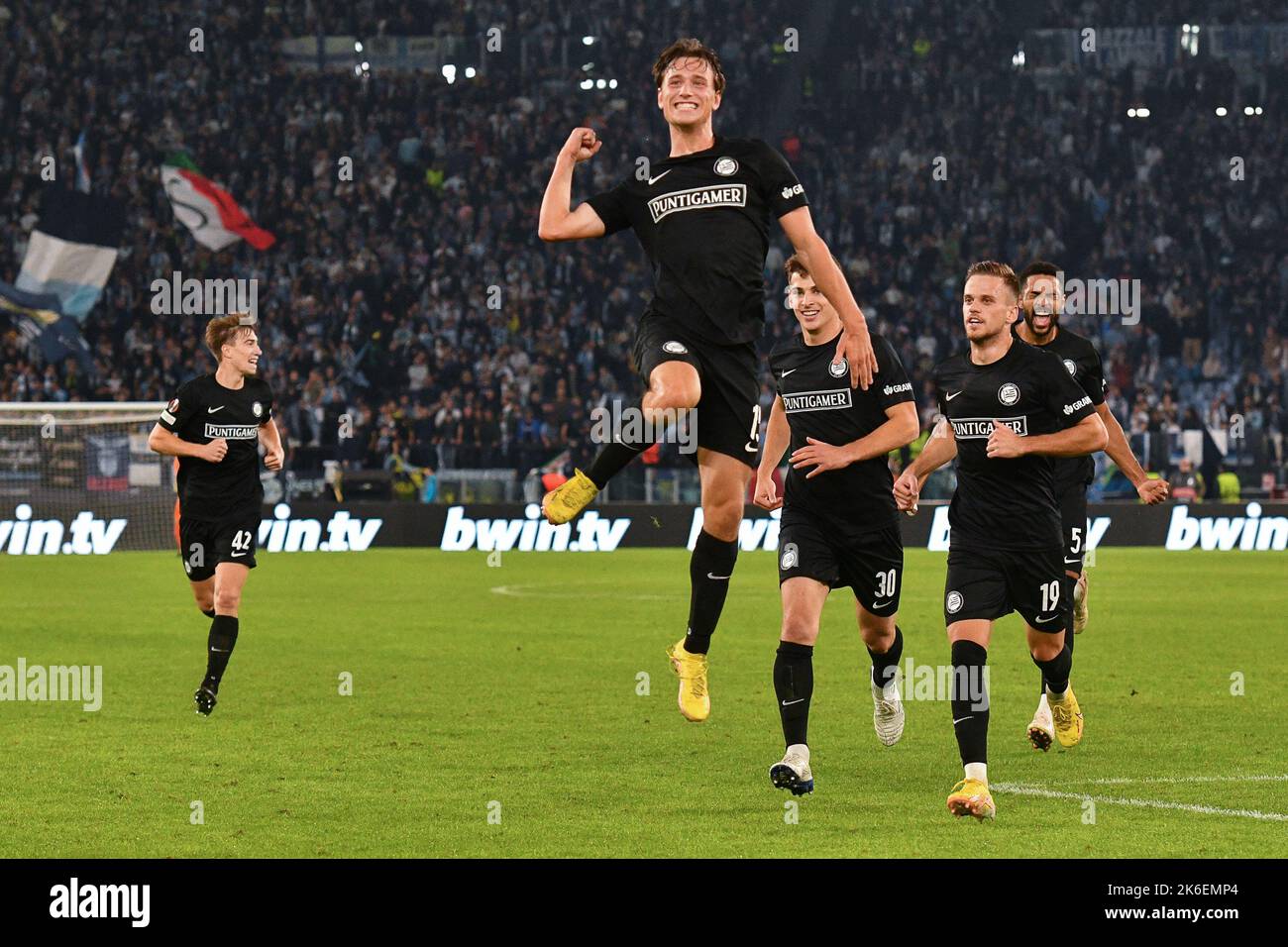 Italy, 13 October 2022, William Boving of Sturm Graz jubilates after ...