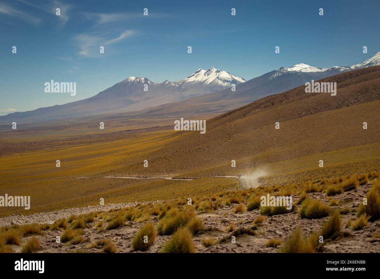 Car on dirt road crossing Atacama desert, volcanic arid landscape in ...