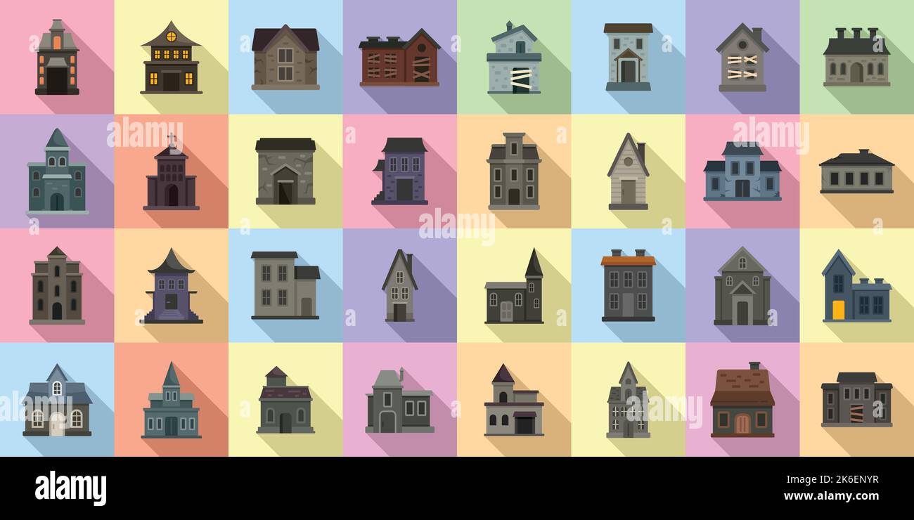 Creepy house icons set flat vector. Scary castle. Home ghost Stock ...