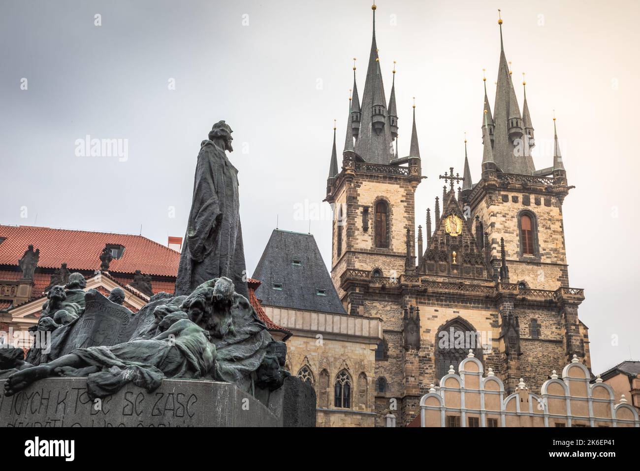 Prague old town square and Tyn cathedral at dawn, Czech Republic Stock ...