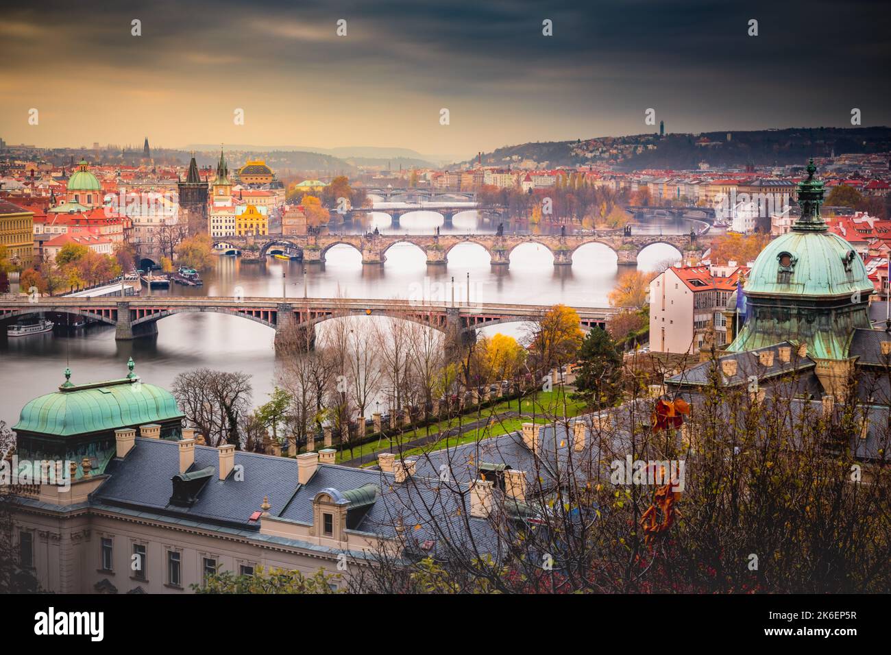 Above Prague old town bridges and river Vltava at sunset, Czech ...