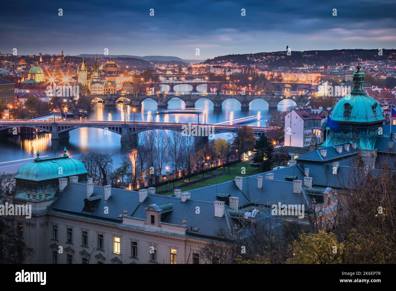 Above Prague old town bridges and river Vltava at dawn, Czech Republic ...