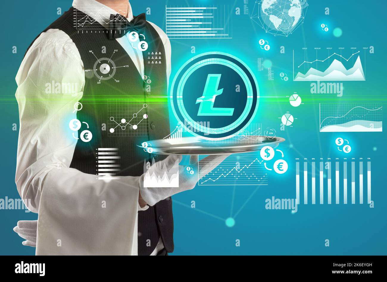 Handsome young waiter in tuxedo holding currency icons on tray Stock ...