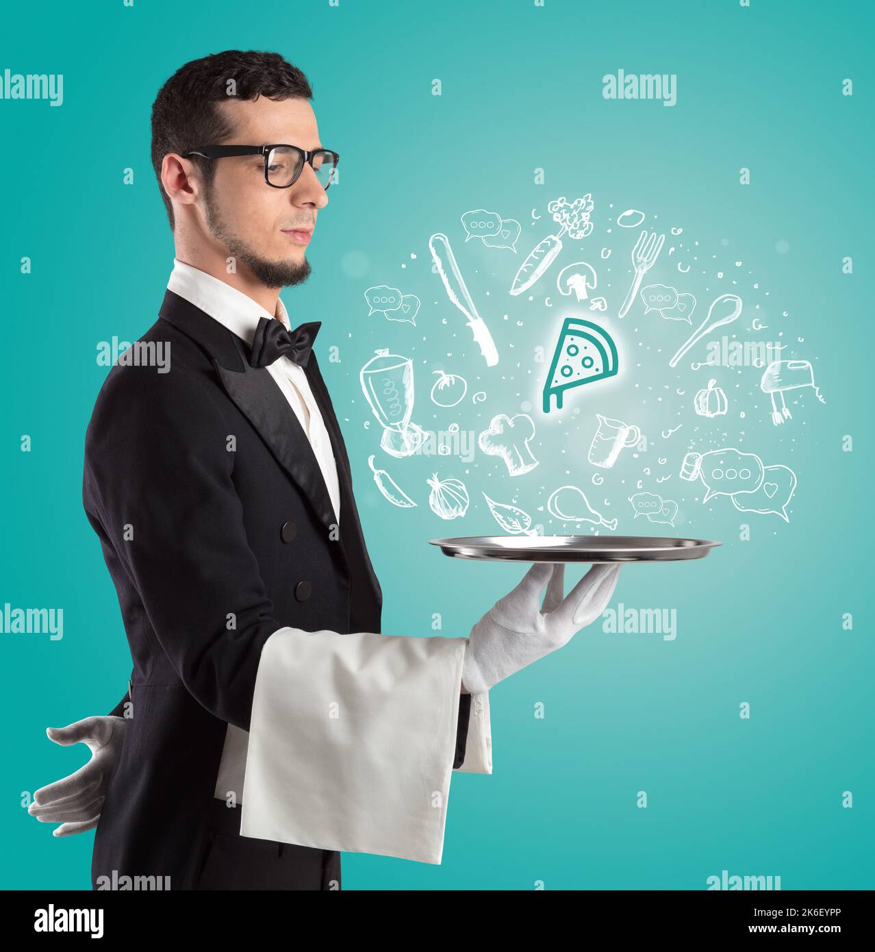 Waiter holding silver tray with food icons above Stock Photo - Alamy