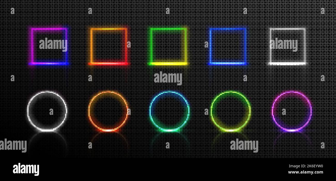 Neon frames, isolated colorful led square and round borders. Red, green ...