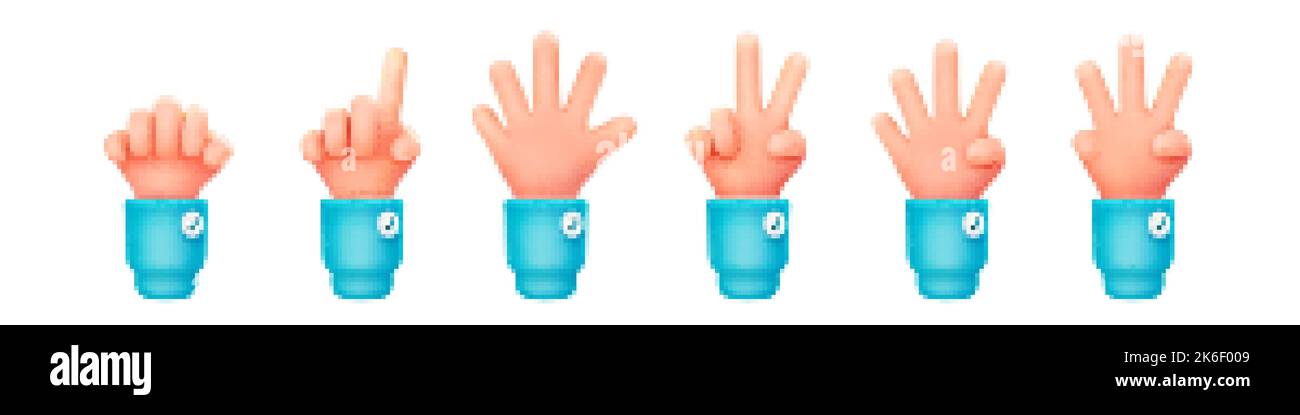 3D set of hand showing one to five fingers, clenching fist isolated on ...