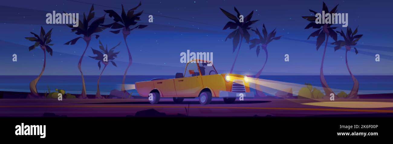 Car driving road along night beach. Automobile travel at tropical ...