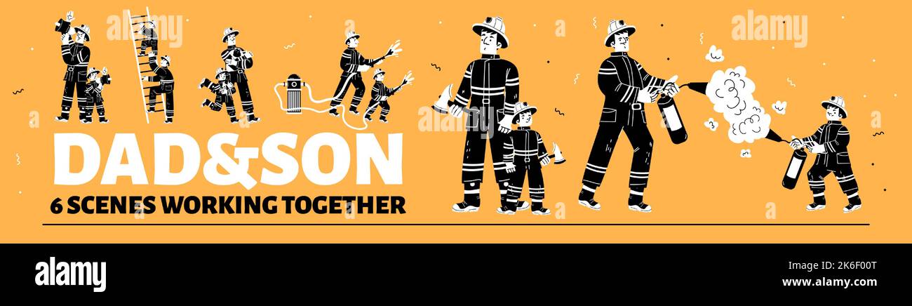 Dad and son characters in fireman costume with extinguisher, hydrant ...