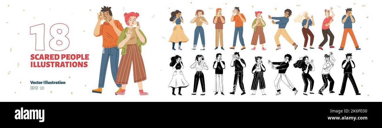 Set of scared people, afraid characters in shock and panic. Diverse ...