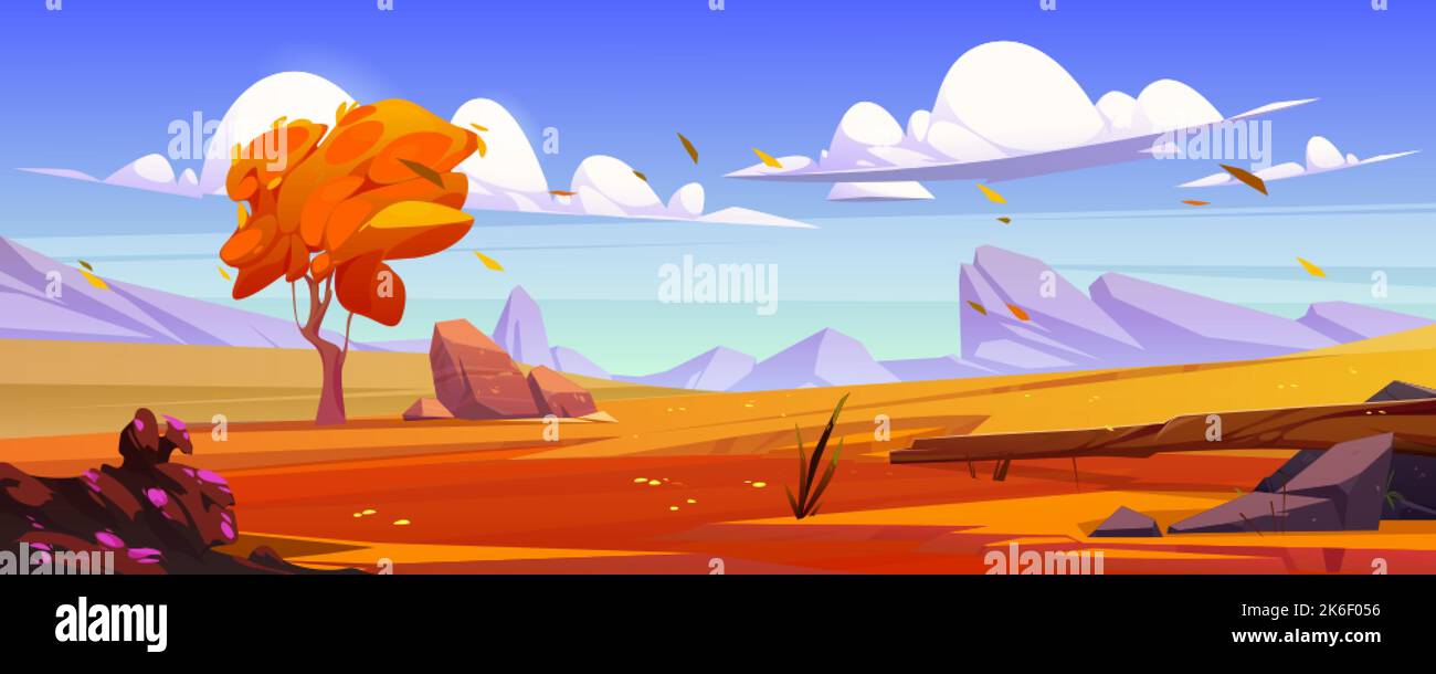 Cartoon autumn landscape, mountain valley nature background with orange ...