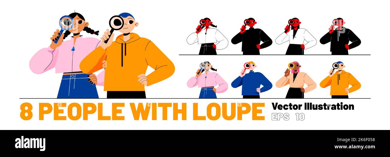 Set of people with loupe, male and female characters look through ...