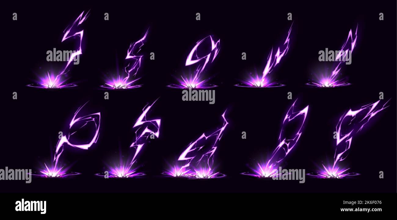 Lightnings, purple thunderbolts hit ground isolated on black background ...