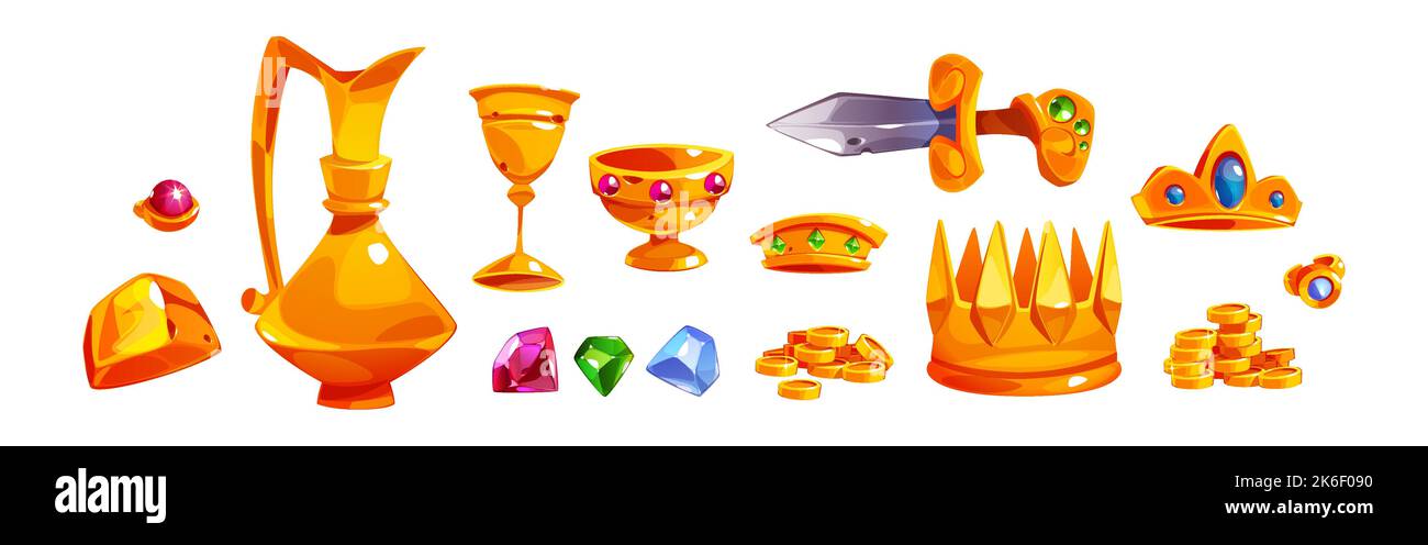 Set of treasure, pirate loot, golden coins piles, crystals, crown, gold ...