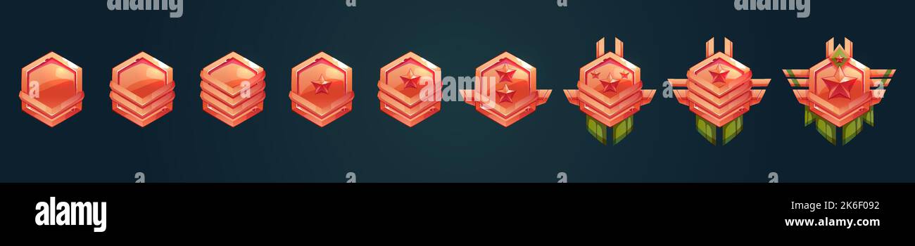 Game rank icons, bronze level badges, metallic ui hexagon banners with ...