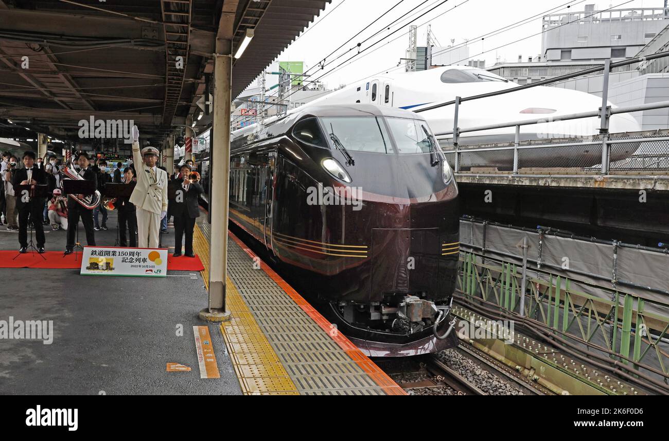 Tokyo, Japan, Oct. 14, 2022, A commemorative train leaves JR Shimbashi Station in Tokyo on Oct ...