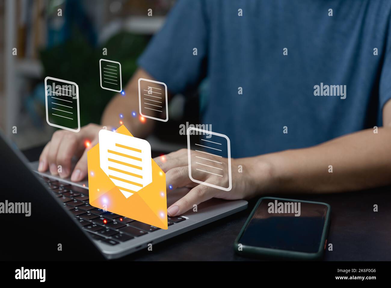 businessman using computer laptop checking email icon online or sending ...