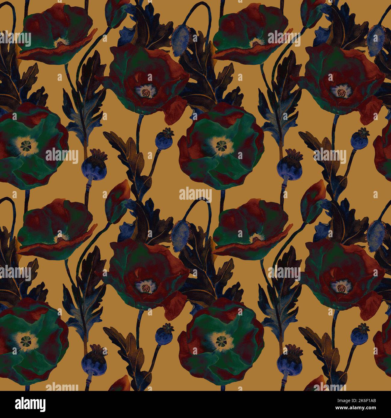 Art Nouveau stylized poppies in vintage seamless pattern. Art Deco ...
