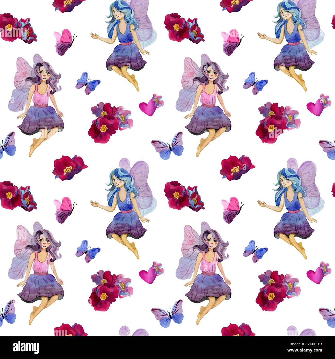 Watercolor pattern with flower fairies and flowers. Floral princess and ...