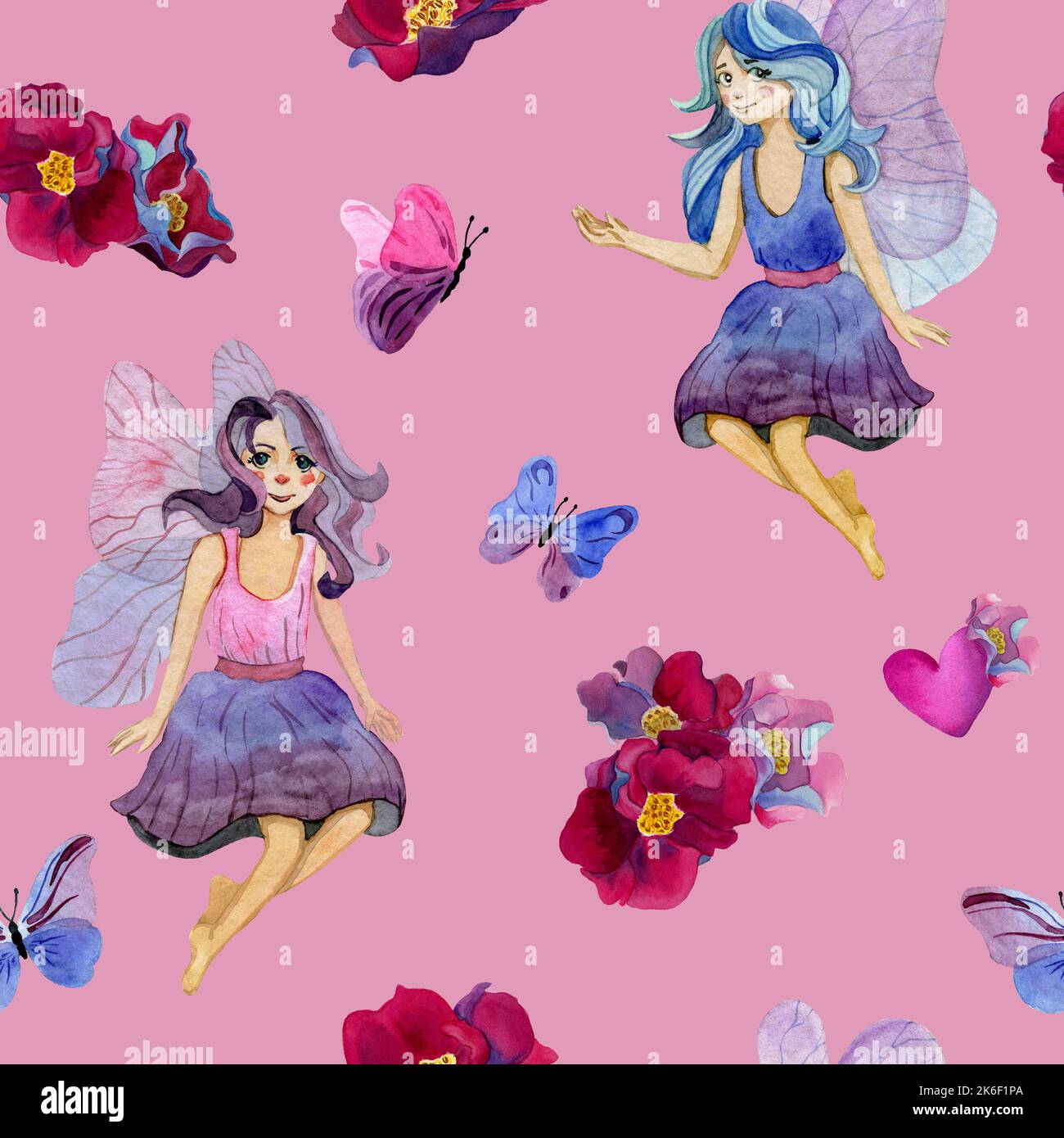 Watercolor pattern with flower fairies and flowers. Floral princess and ...