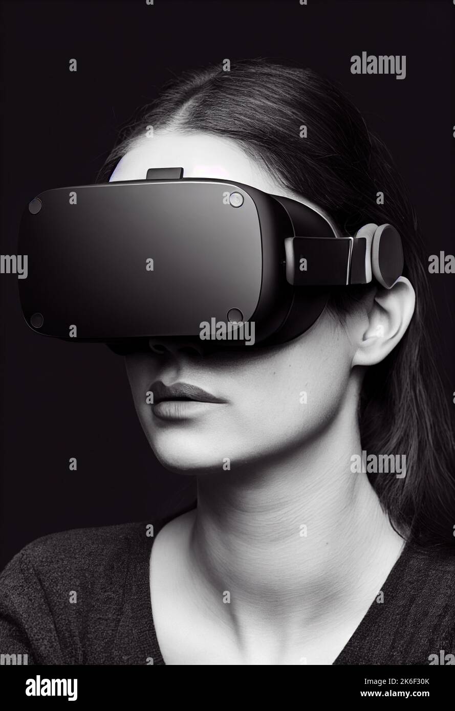 A vertical grayscale of a woman wearing a VR headset looking aside ...